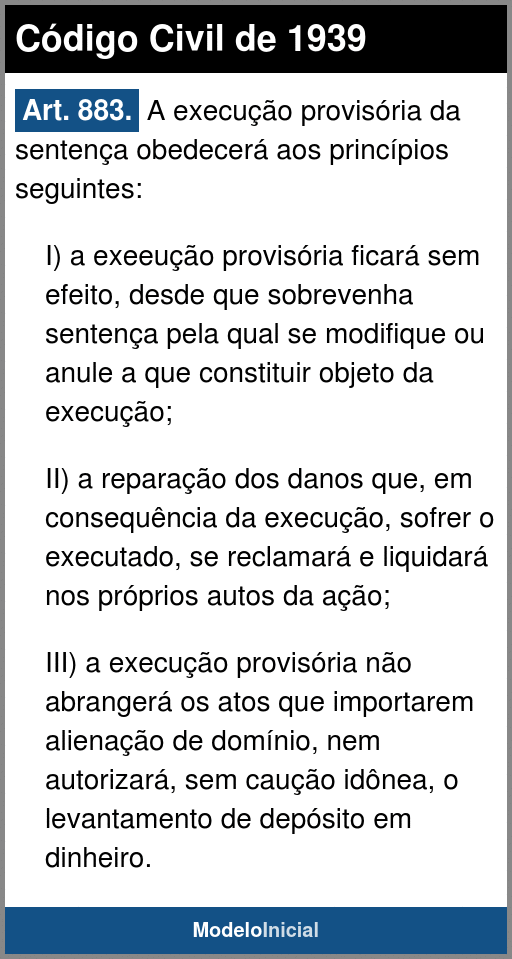 Artigo 883 - Código Civil de 1939 / 1939