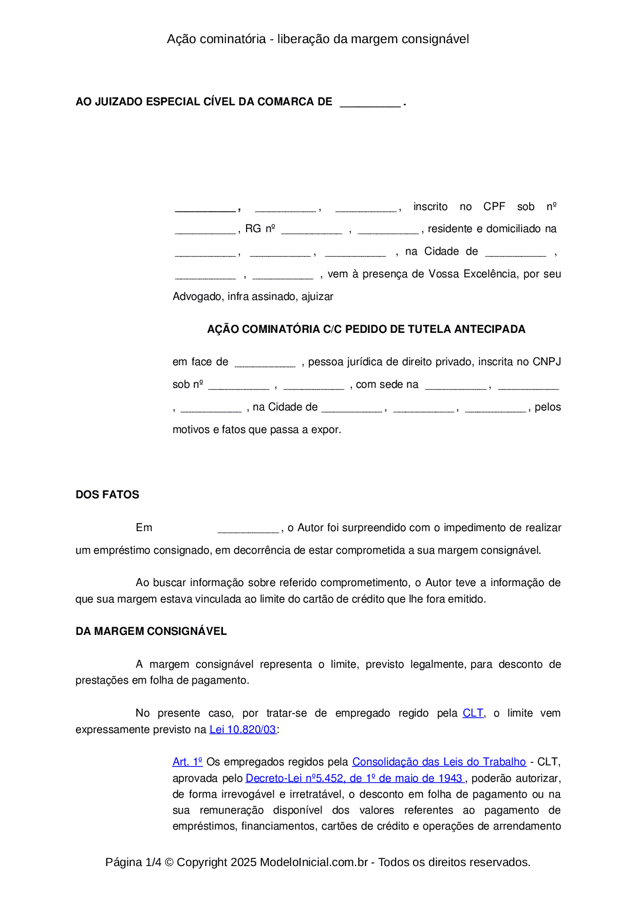 Modelo Ação cominatória - liberação da margem consignável