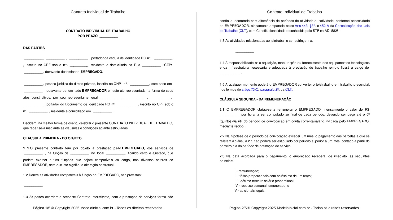 Contrato de Trabalho - Modelo, Exemplo - Word e PDF