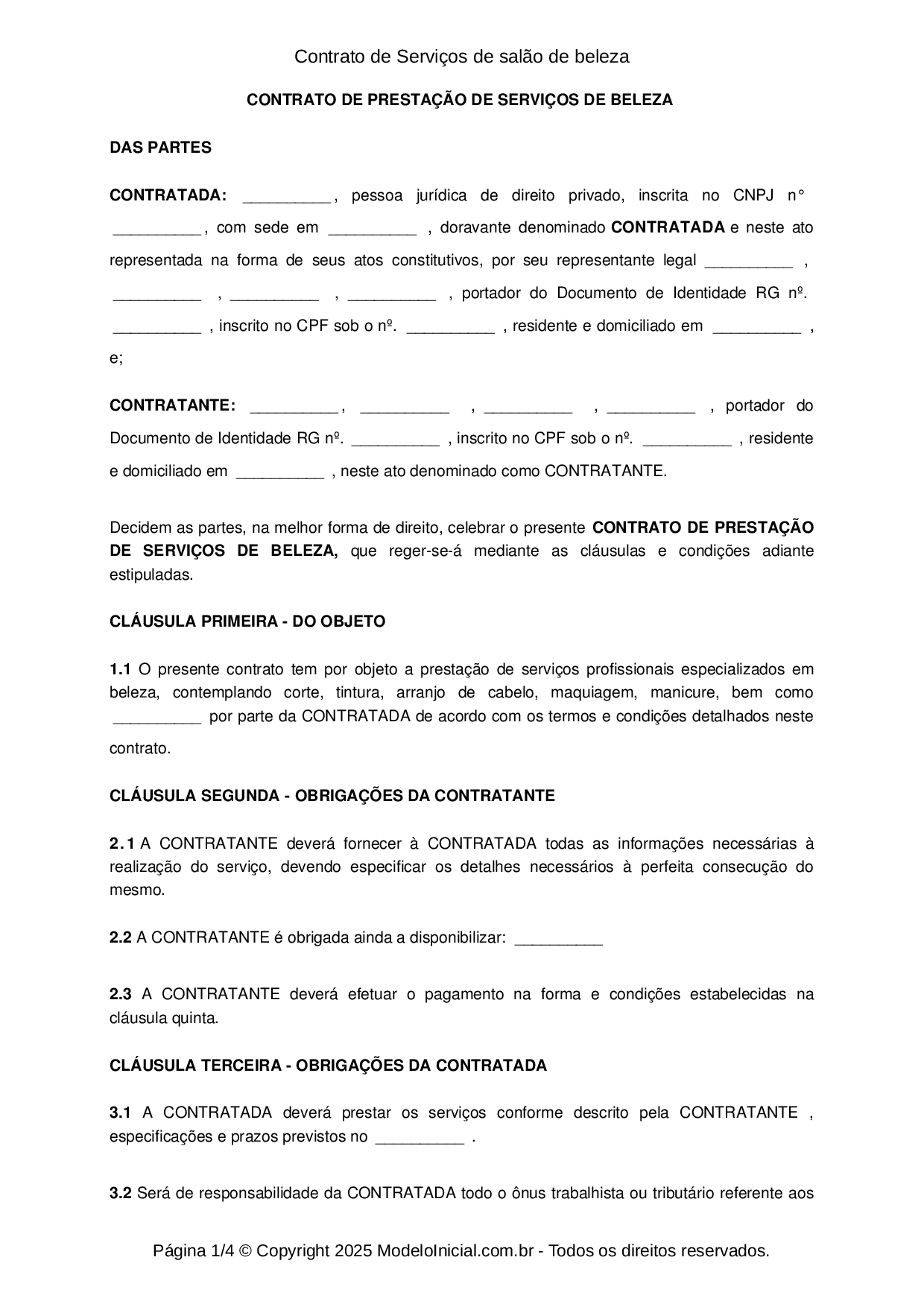 Modelo Contrato de Serviços de salão de beleza Modelo Contrato de Serviços de salão de beleza