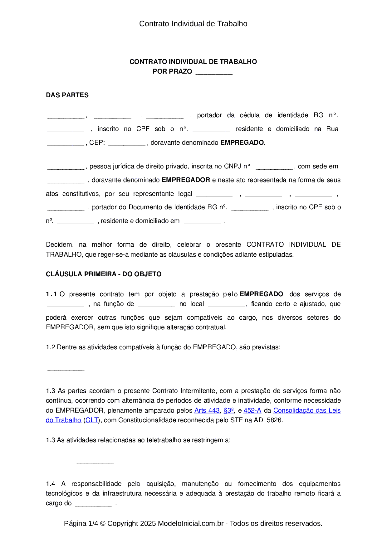 Modelo Contrato de Trabalho - 2025