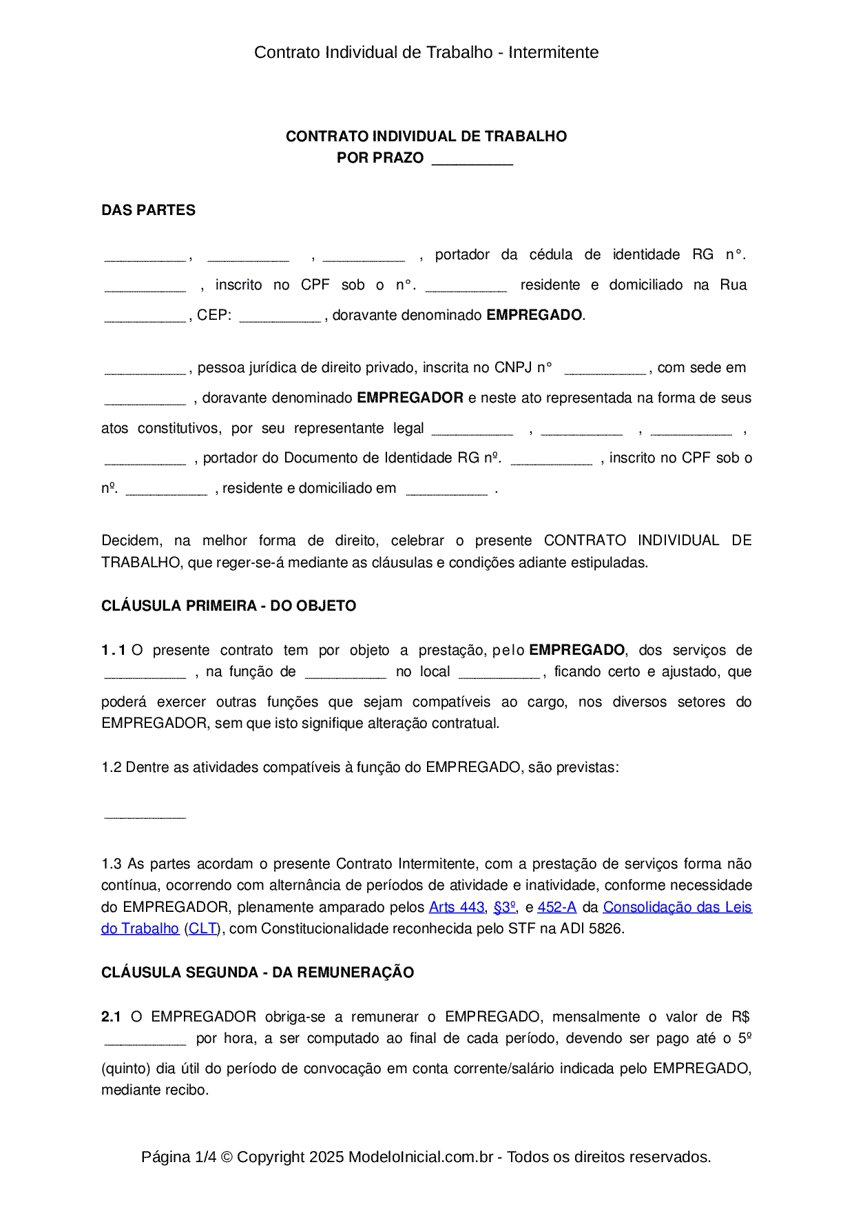Modelo Contrato de Trabalho - 2026- Intermitente