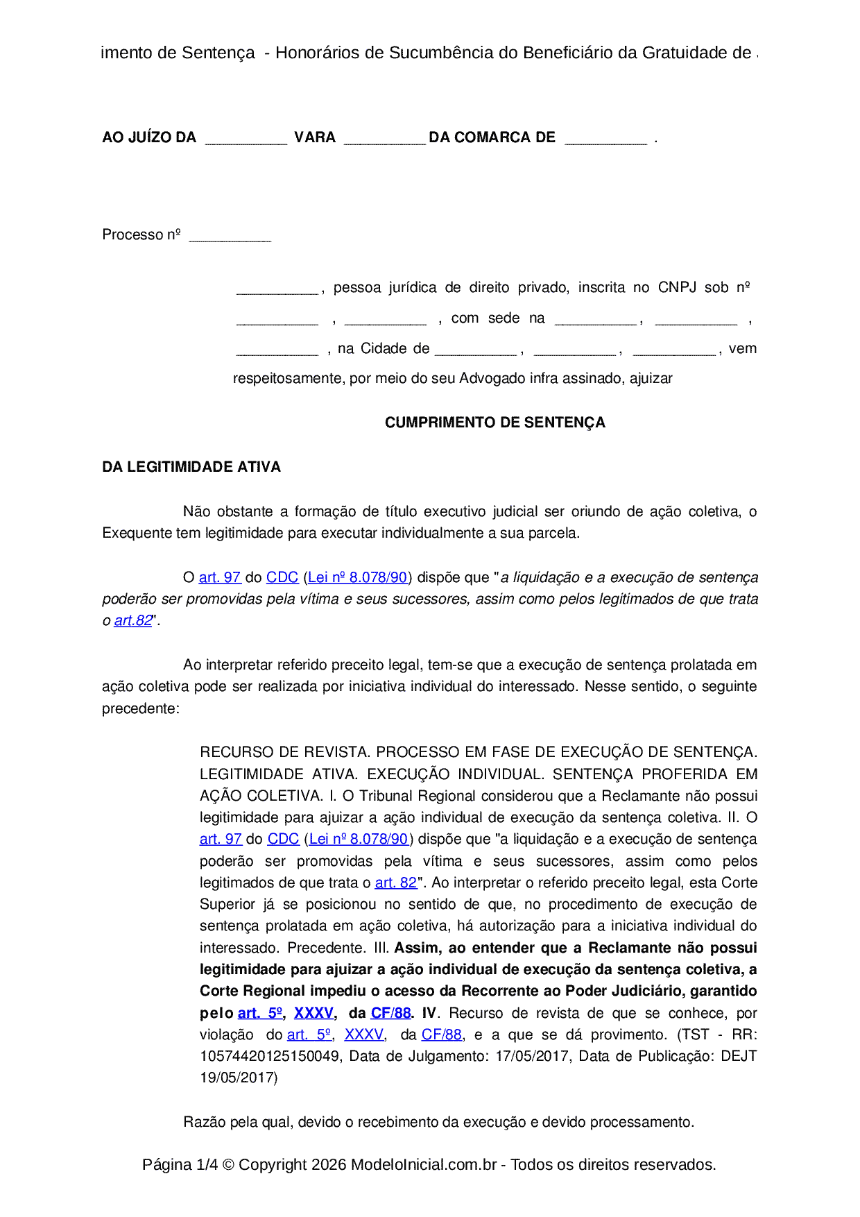 Modelo Cumprimento de sentença - Atualizado 2024 - Sucumbência de ...