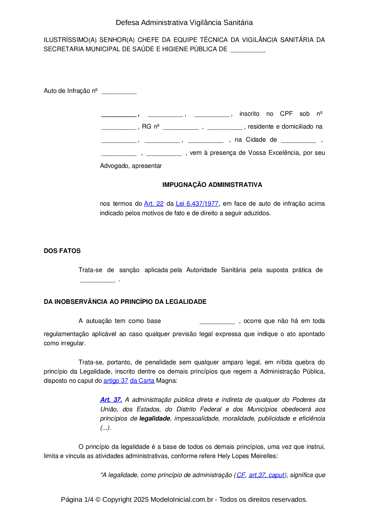 Modelo Defesa Administrativa Vigilância Sanitária