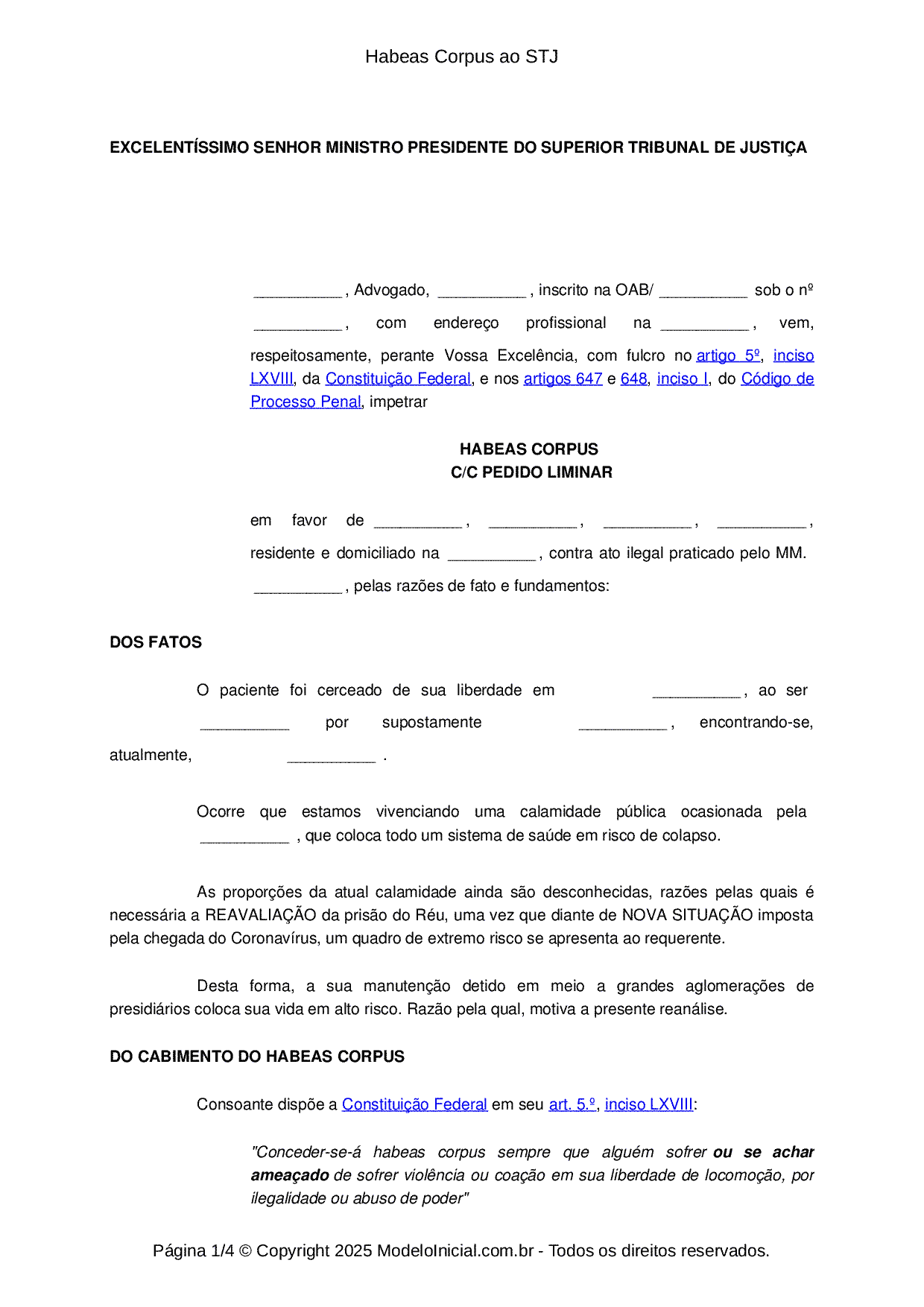 Modelo Habeas Corpus ao STJ