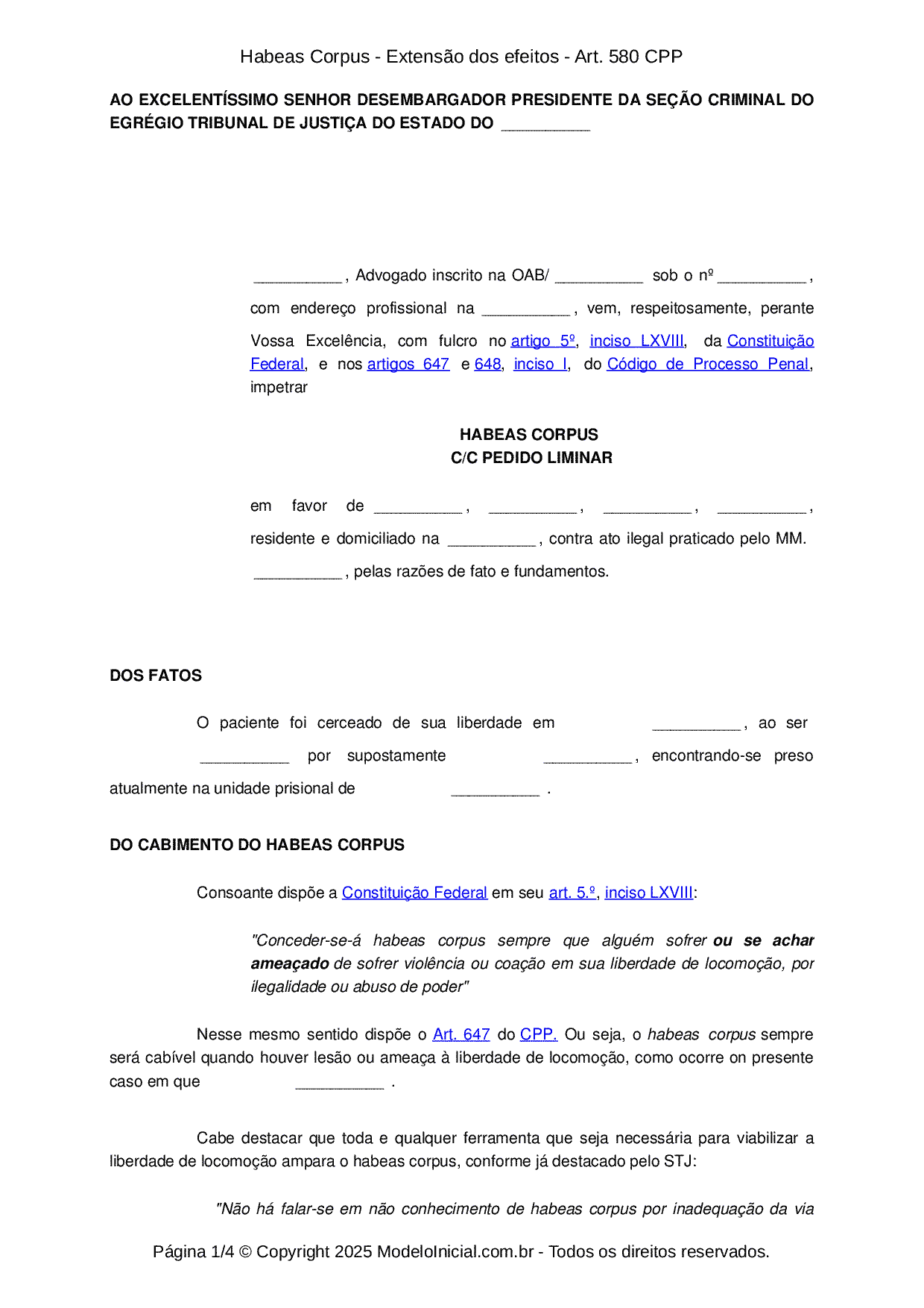 Modelo Habeas Corpus - Extensão dos efeitos - Art. 580 CPP