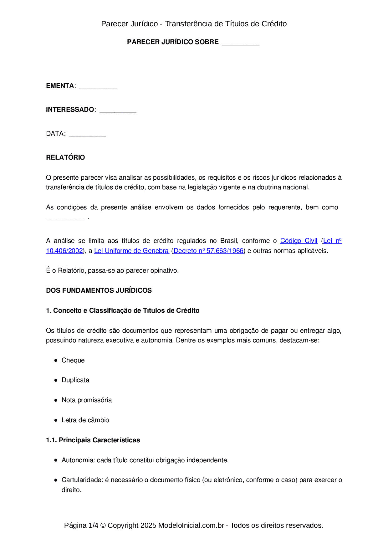 Modelo Parecer Jurídico - Transferência de Títulos de Crédito