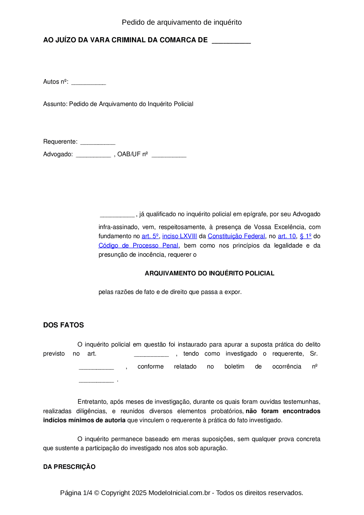 Modelo Pedido de arquivamento de inquérito