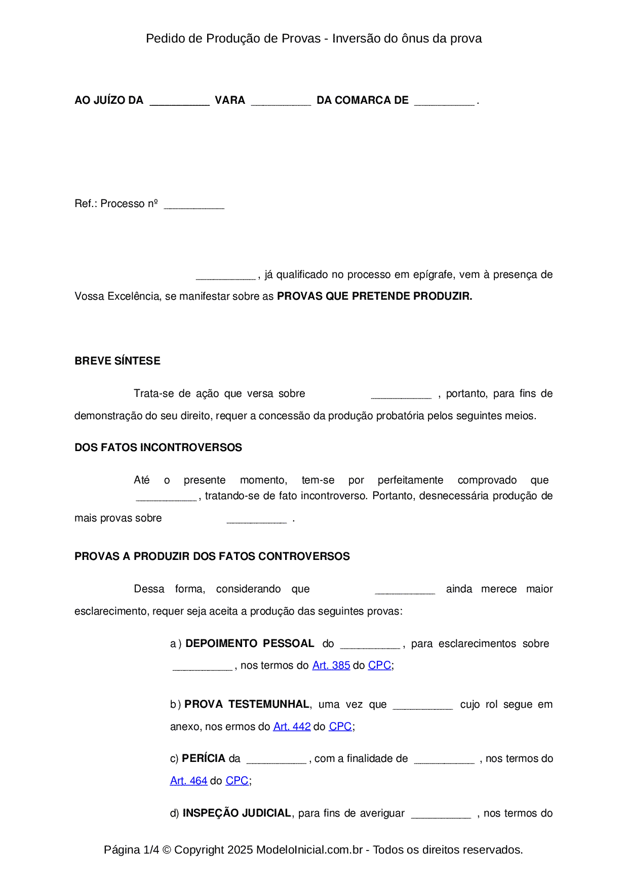 Modelo Pedido de Produção de Provas - Inversão do ônus da prova