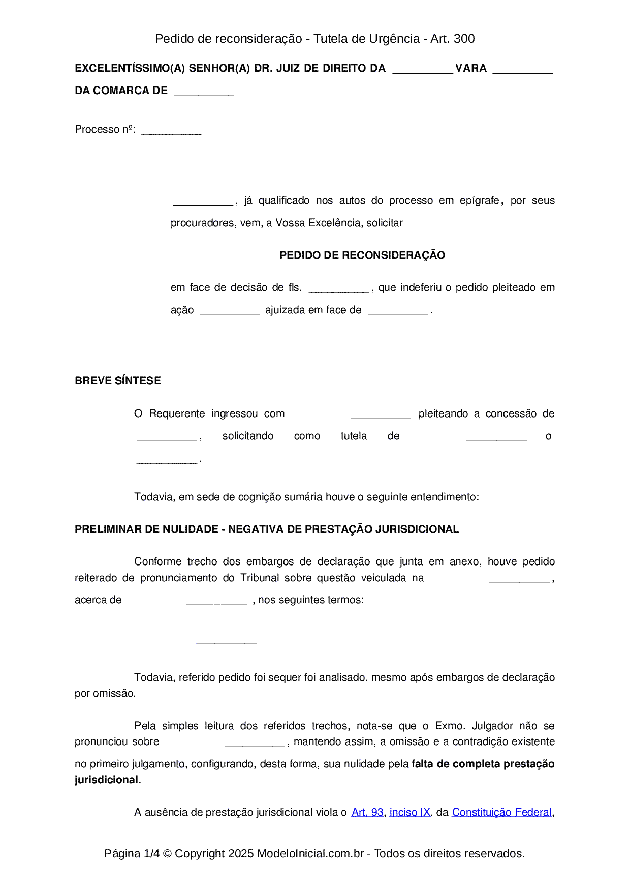 Modelo Pedido De Reconsideração Tutela De Urgência Art 300