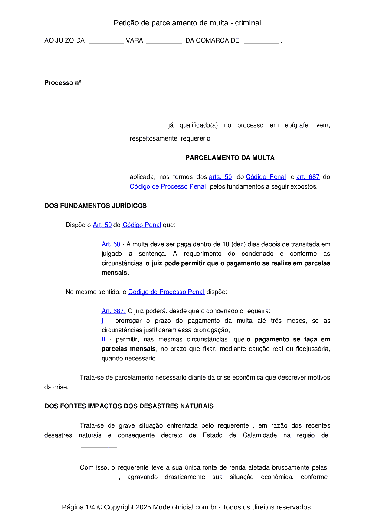 Modelo Petição de parcelamento de multa - criminal