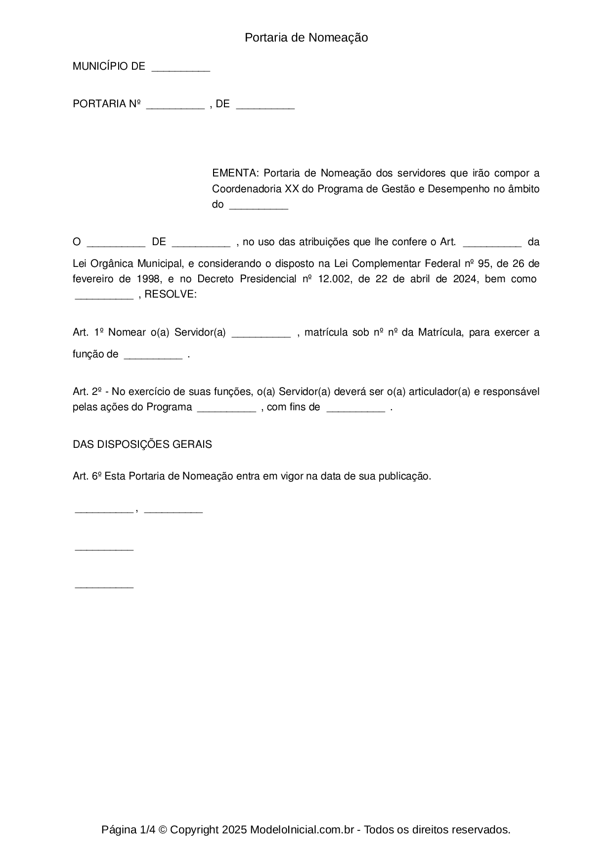 Modelo Portaria de Nomeação