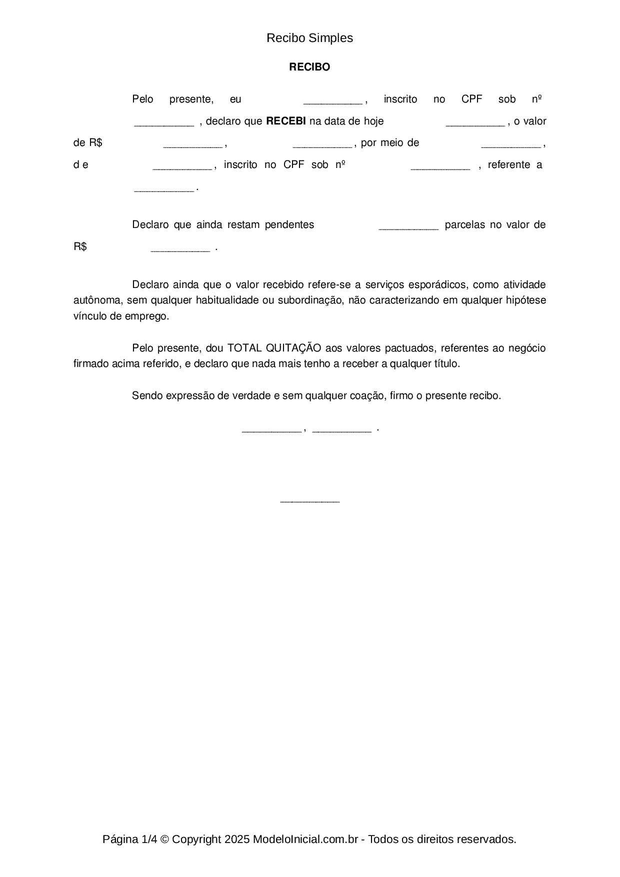 Modelo Recibo de Pagamento