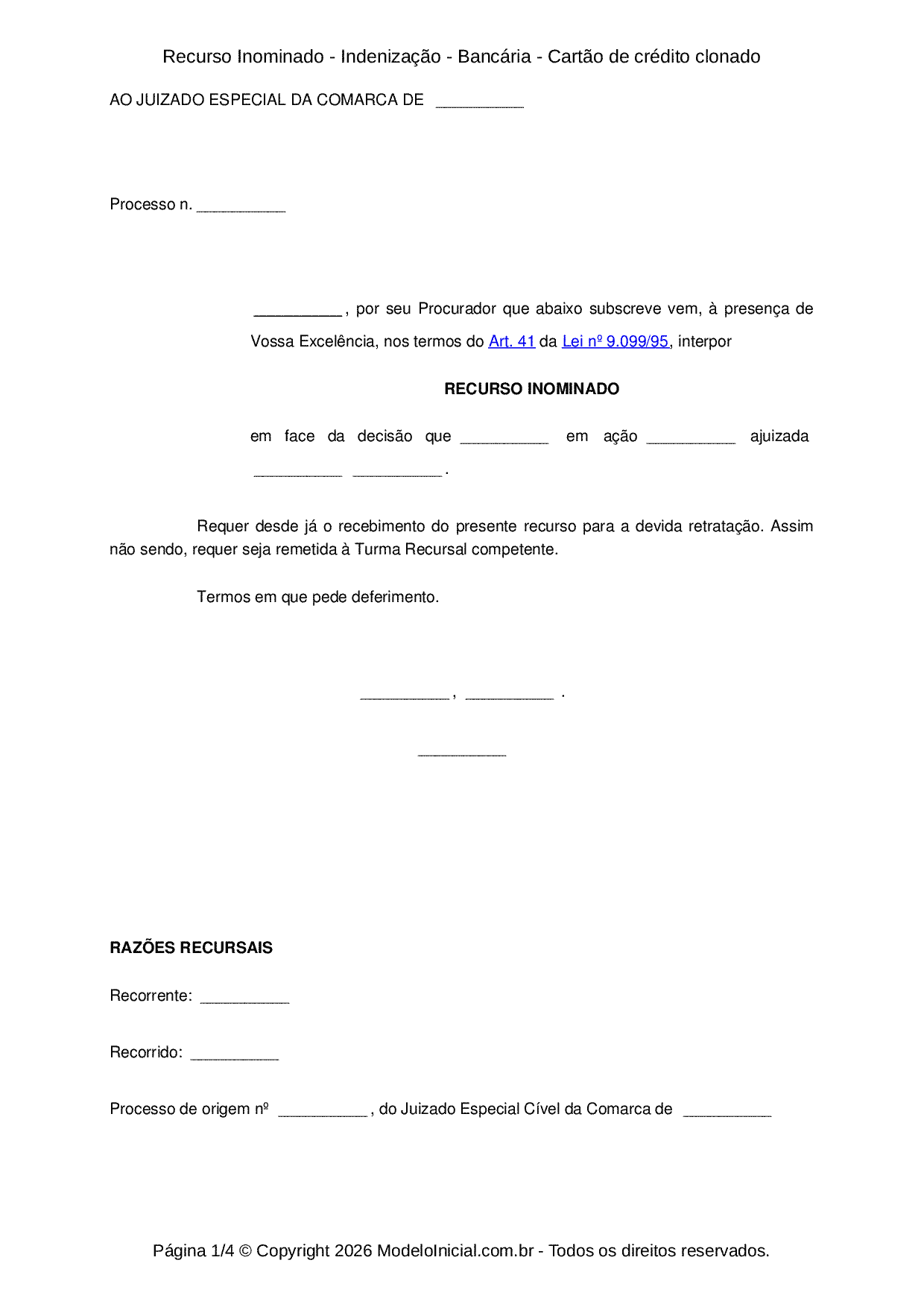 Modelo Recurso Inominado - Revisado- Indenização contra Banco - Cartão ...