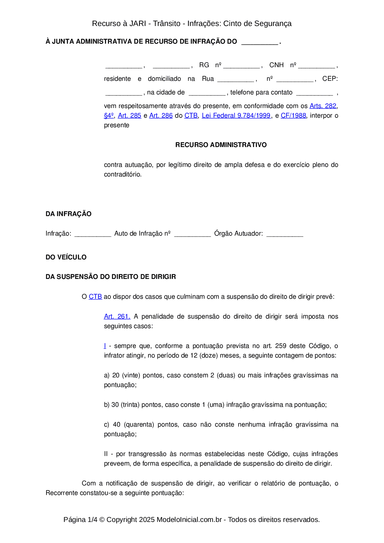 Modelo Recurso Multa de Trânsito - 2025- Infrações: Cinto de Segurança