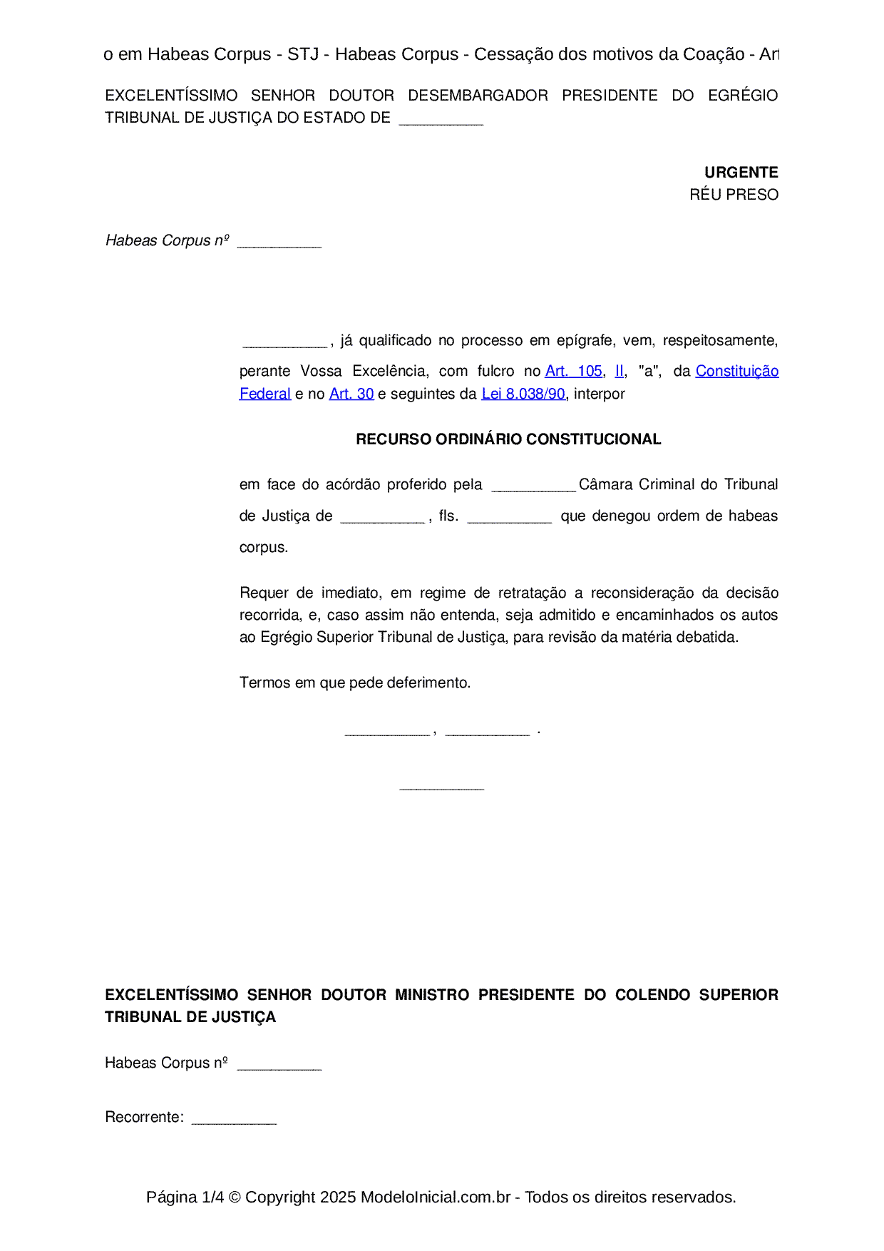Modelo Recurso Ordinário em Habeas Corpus - STJ - Habeas Corpus ...