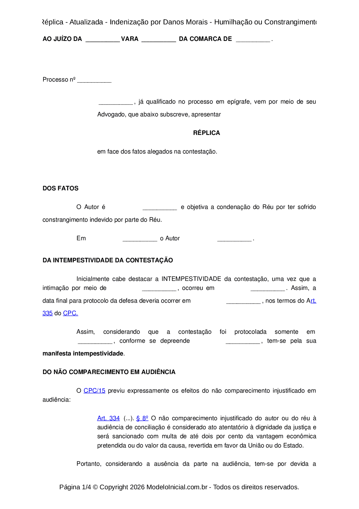Modelo Réplica à Contestação - 2024- Danos Morais - Humilhação ou ...