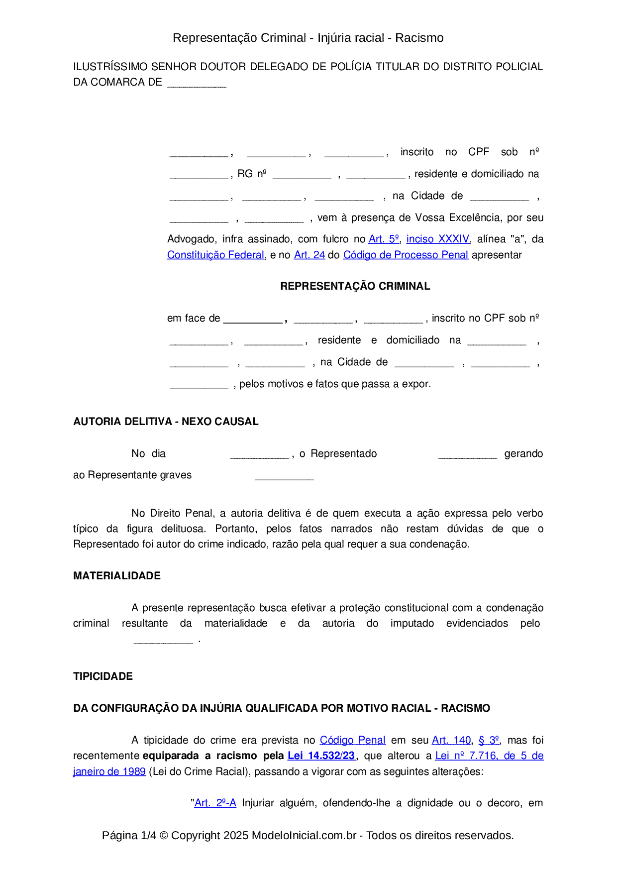 Modelo Representação Criminal - Injúria racial - Racismo